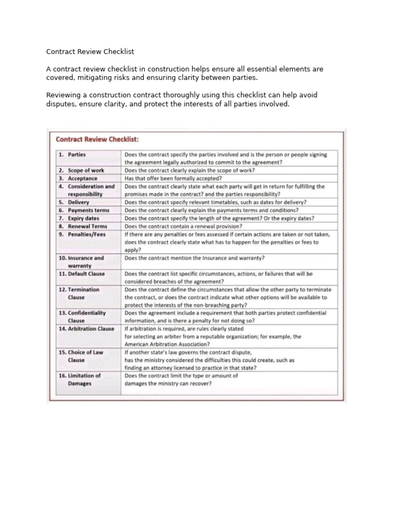 Construction Contract Checklist | PDF | Finance & Money Management ...