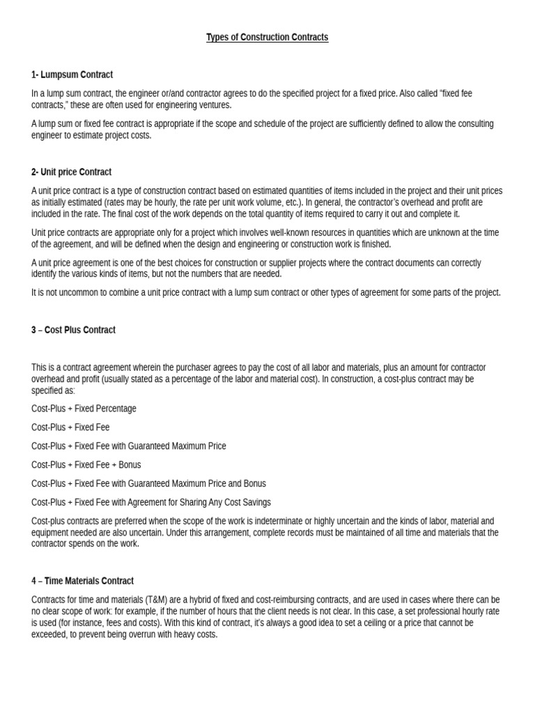 Types of Construction Contracts | PDF | Business | Economies Types of Construction Contracts | PDF | Business | Economies