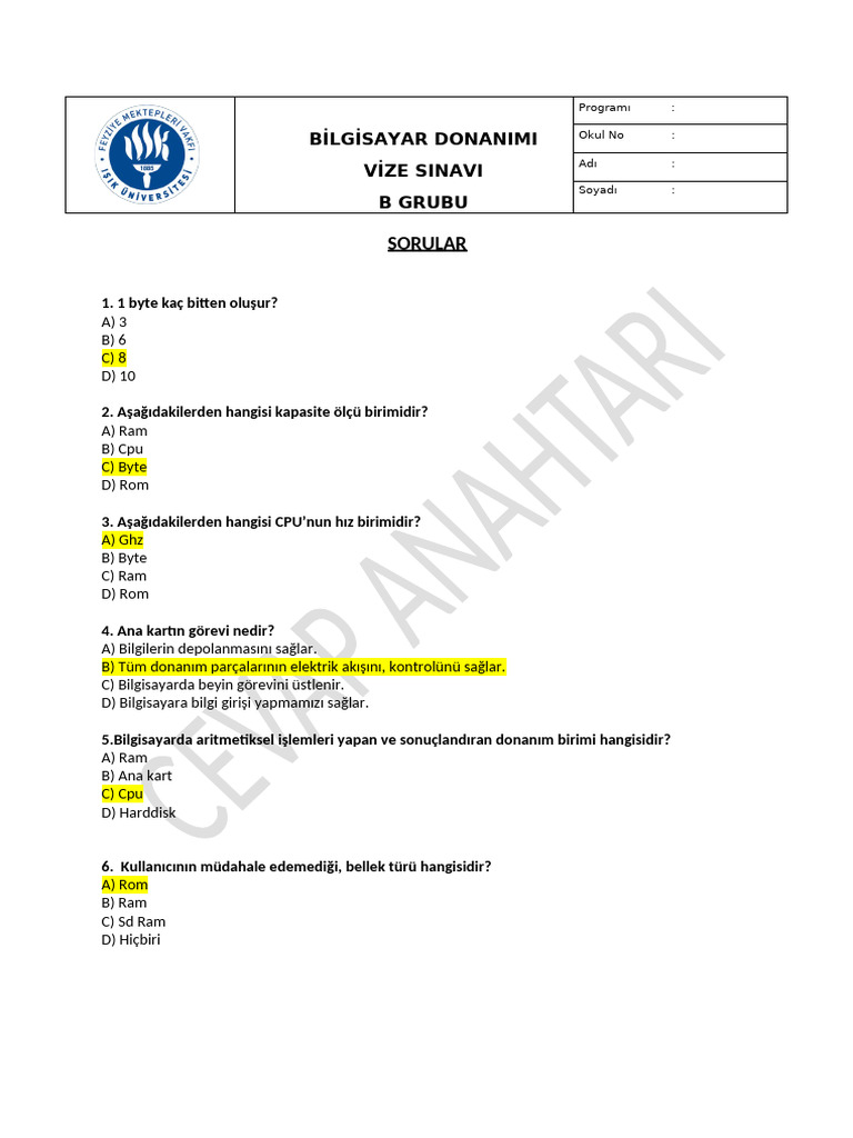 B Grubu Cevap Anahtarı | PDF