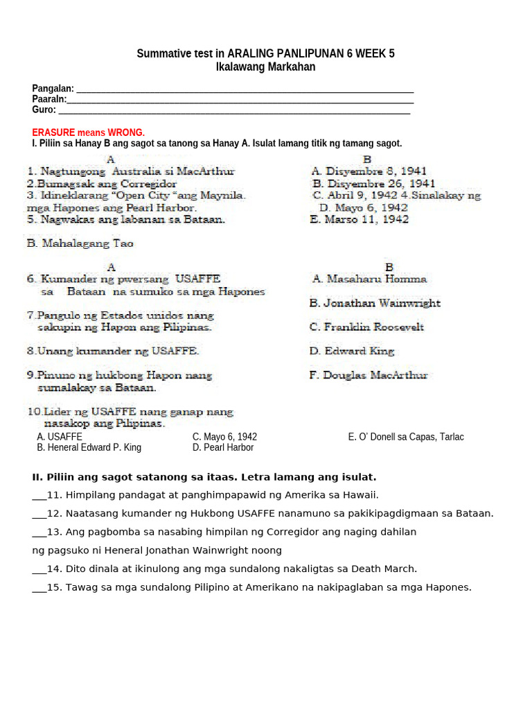 Summative Test in AP 6 Q2 W5 | PDF
