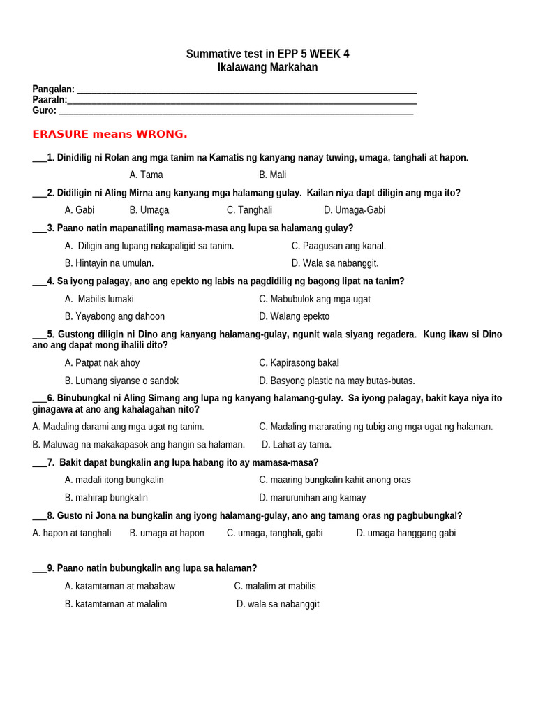 Summative Test in EPP Q2 W4 | PDF