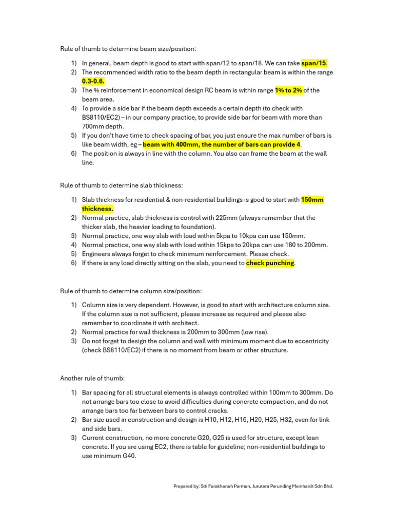 Rule of Thumb For RC Design | PDF | Column | Beam (Structure)