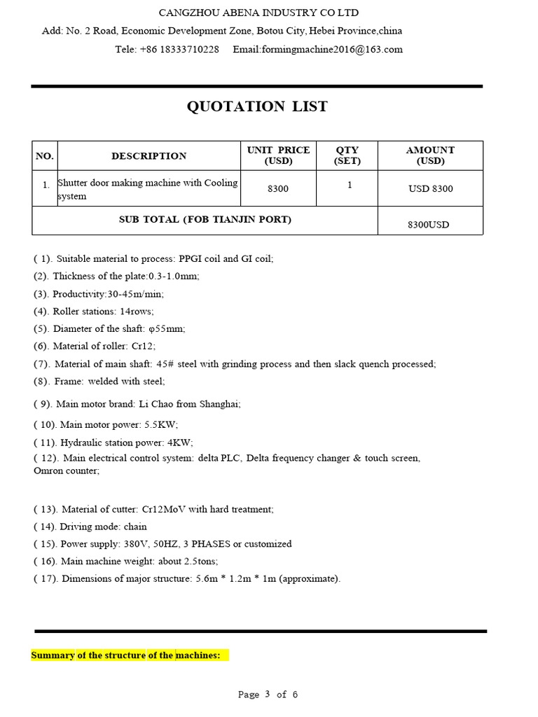 Shutter Door Machine Quotation | PDF | Pump | Manufactured Goods