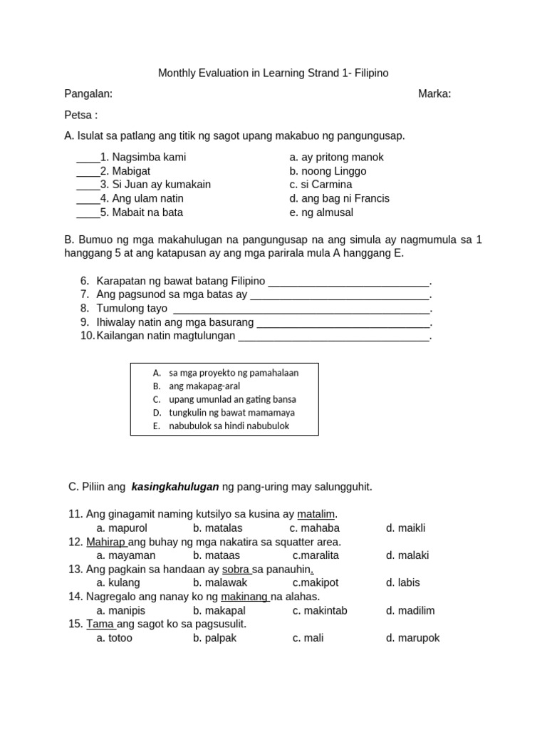 Monthly Evaluation in Learning Strand 1 | PDF