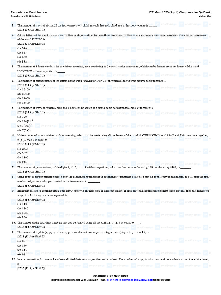 Permutation Combination - JEE Main 2023 April Chapterwise PYQ ...
