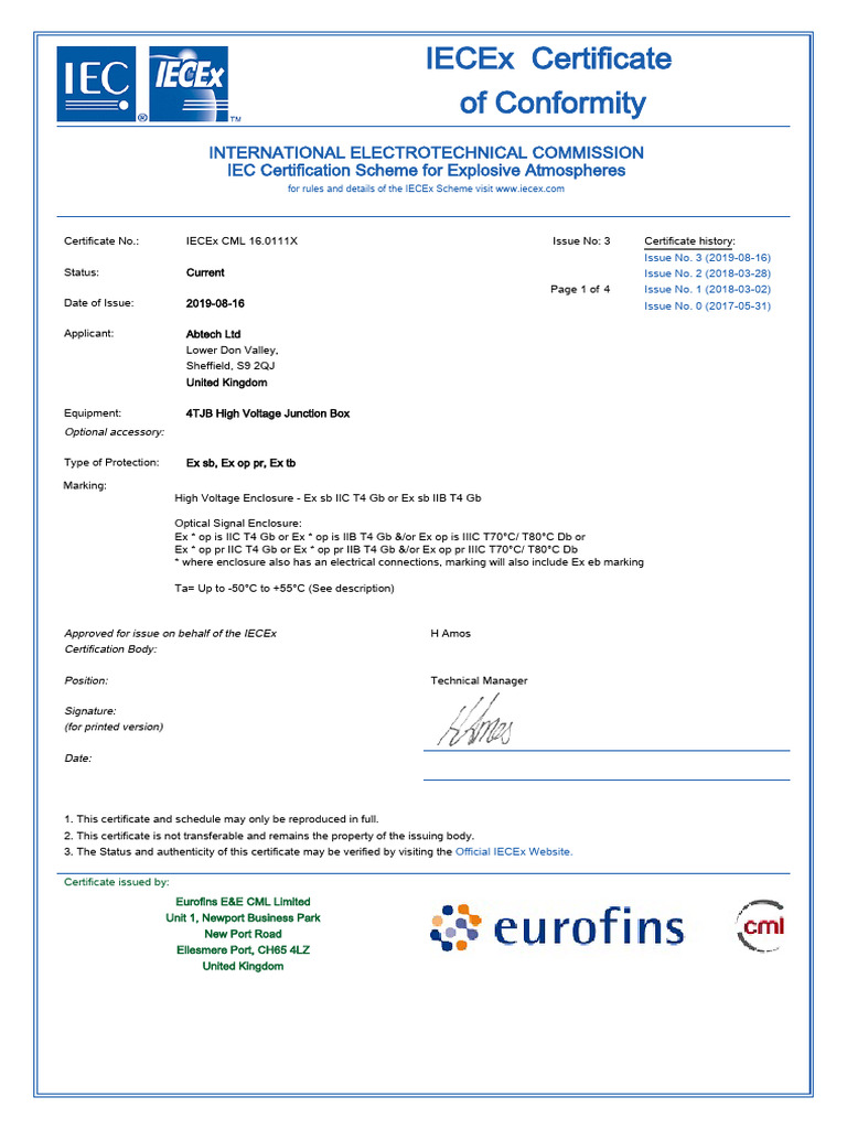 IECEx CML 16.0111X Iss 3 Signed | PDF | International Electrotechnical ...
