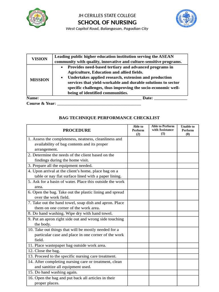 Bag Technique Performance Checklist | PDF | Nursing | Hand Washing