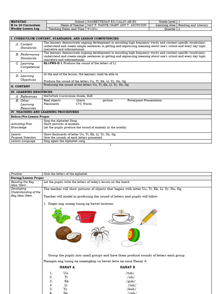 LP Q2 W1 Reading and Literacy 1 | PDF | Vocabulary | Curriculum