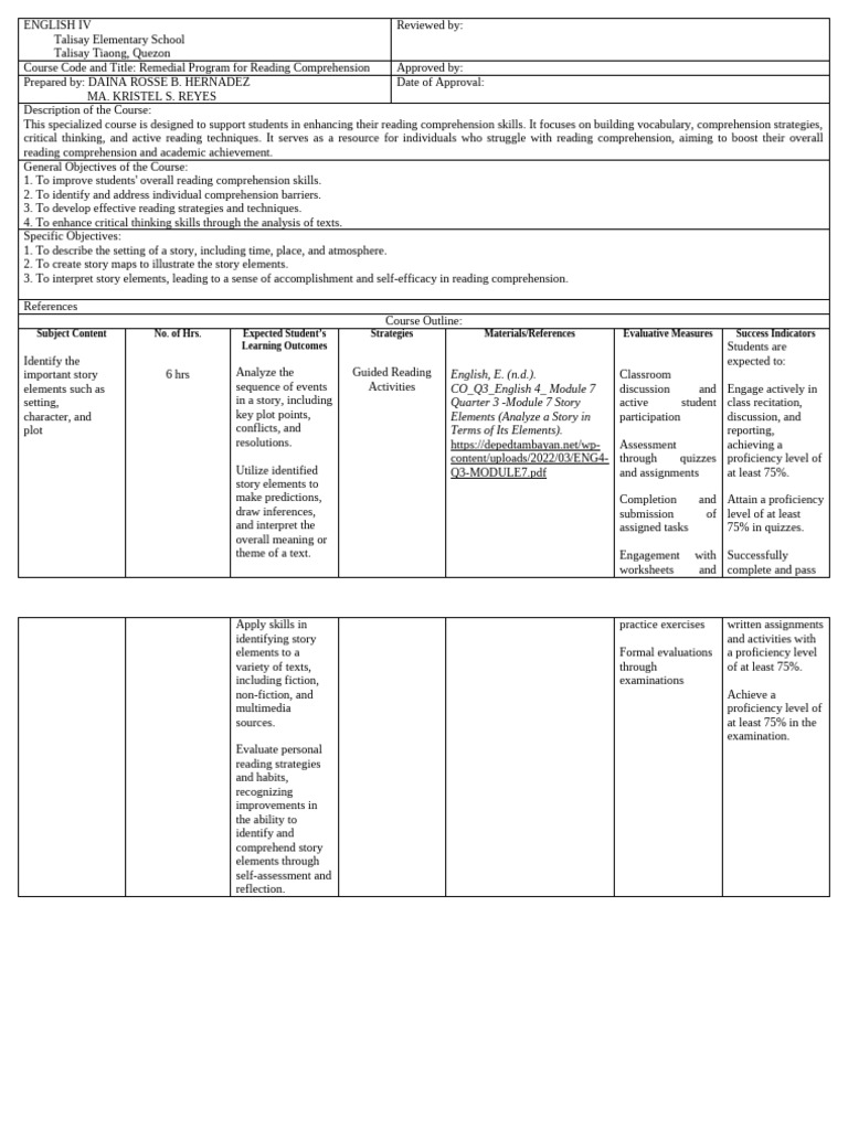 Remedial Reading Comprehension Course | PDF | Reading Comprehension ...