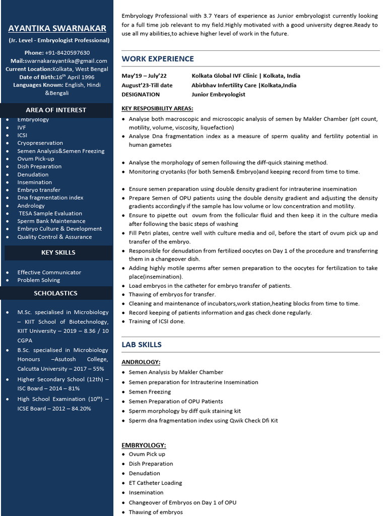 Junior Embryologist Resume Overview | PDF | Infertility | Reproduction
