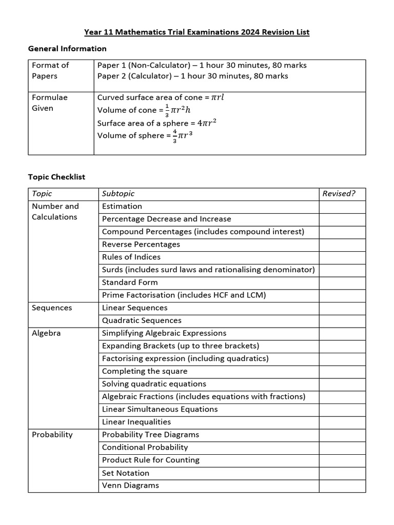 Year 11 Mathematics Trial Examinations 2024 Revision List | PDF ...