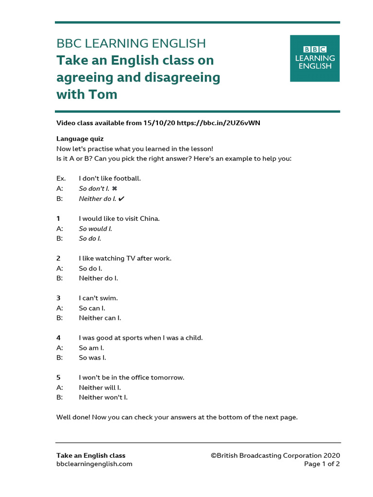Take An English Class With Tom Agreeing Disagreeing | PDF | Career & Growth