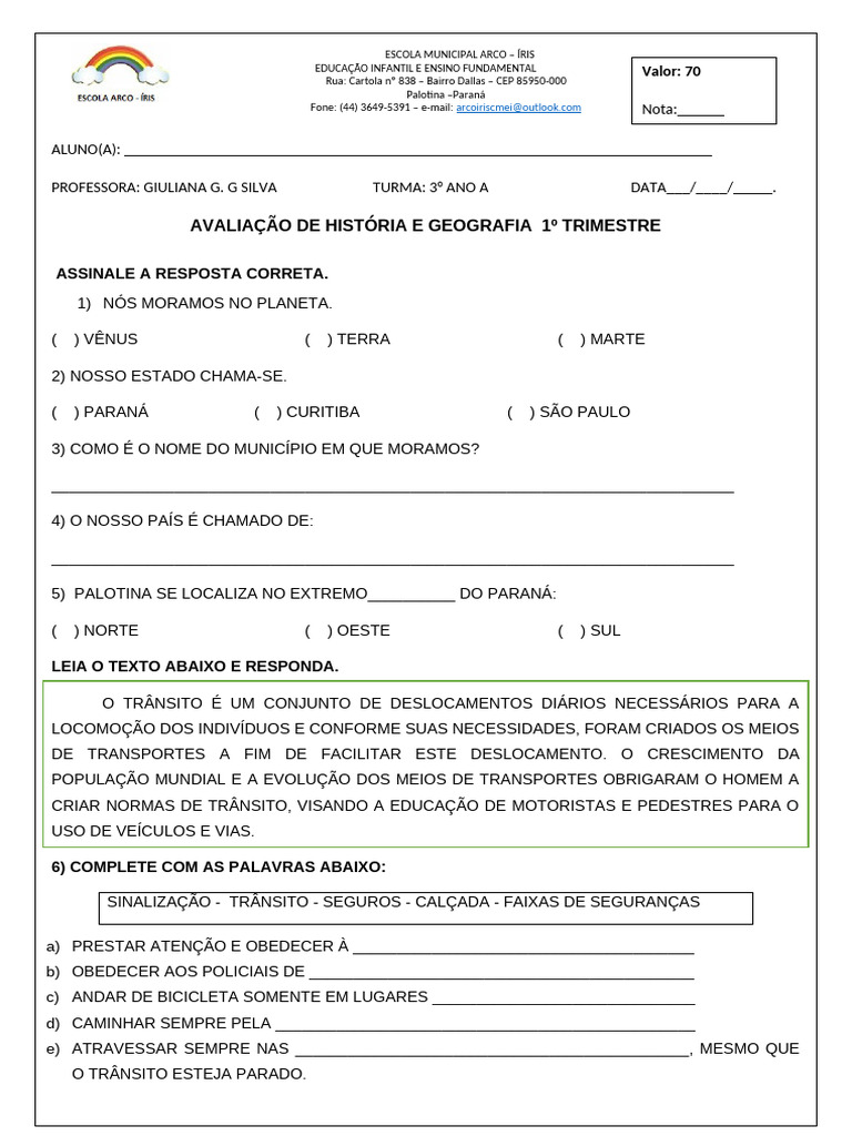 Avaliação de História e Geografia 3º Ano | PDF | Tráfego