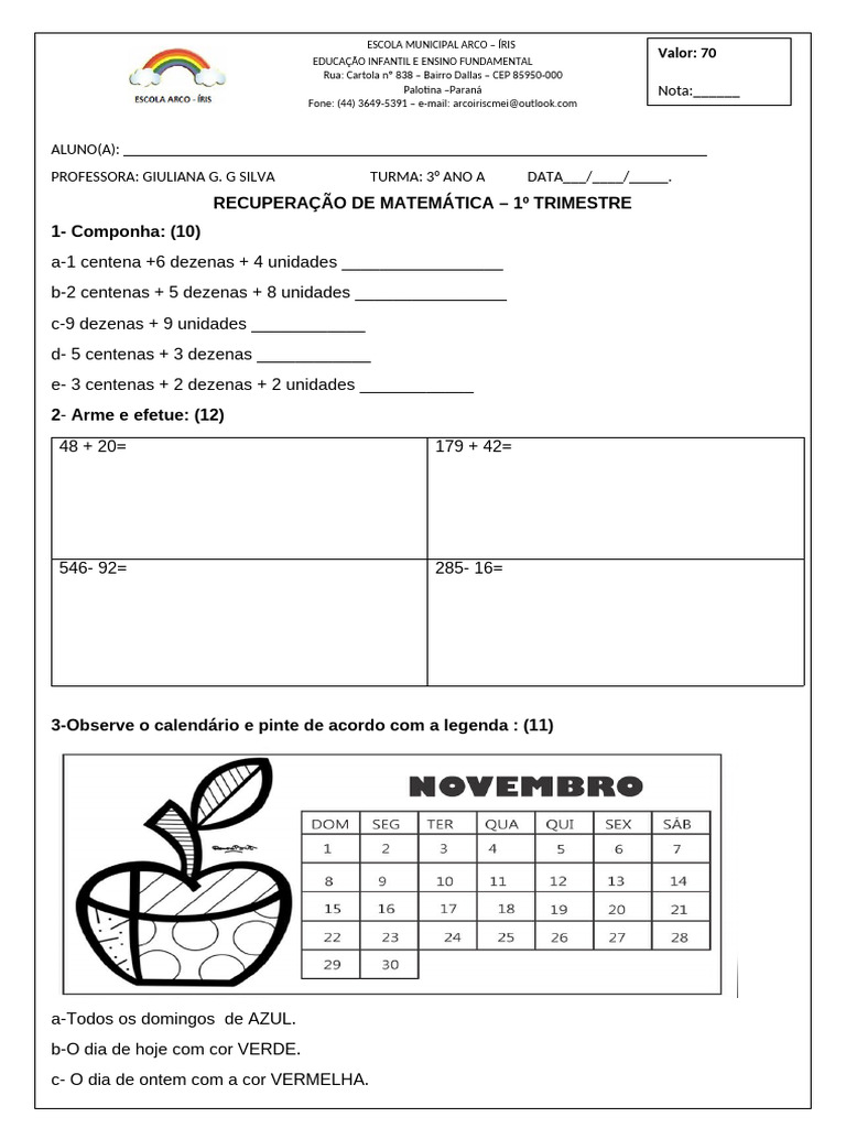 Rec Av1+ Av2 Matemática 1° Trimestre | PDF