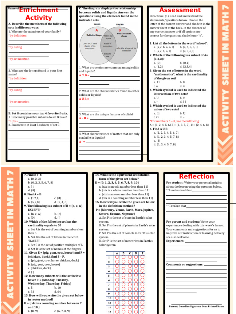 MATH 7 Activity Sheet Week 1 | PDF | Set (Mathematics) | Astronomy