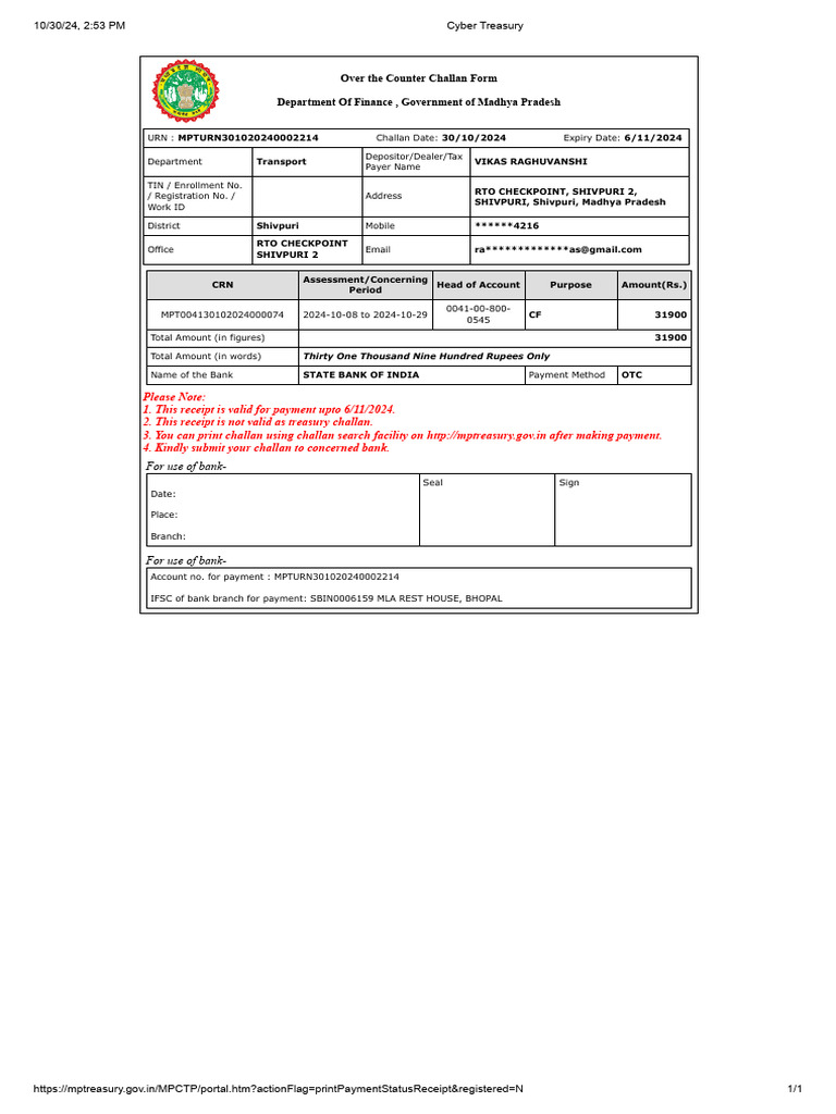 Over The Counter Challan Form Department of Finance, Government of ...