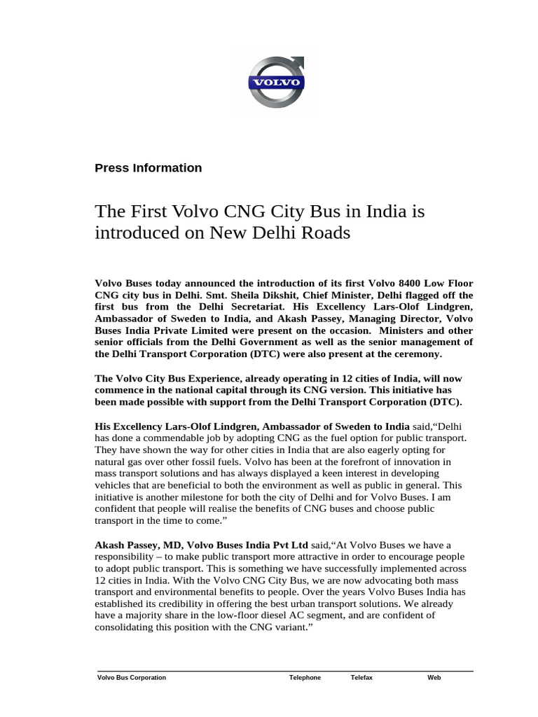 Pressrelease Volvo CNG Bus Introduction in Delhi | PDF | Bus | Motor ...