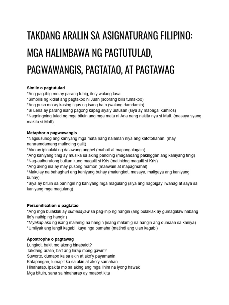 Takdang Aralin Sa Asignaturang Filipino - Mga Halimbawa NG Pagtutulad ...