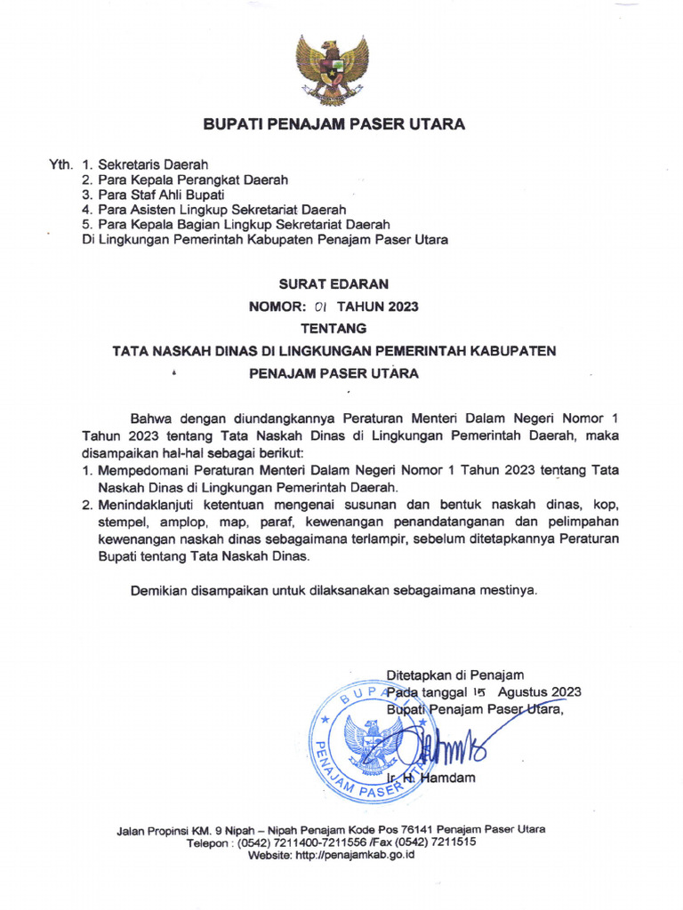 (2023) Surat Edaran Tata Naskah Dinas Di Lingkungan Pemerintah Kabupaten Penajam Paser Utara | PDF