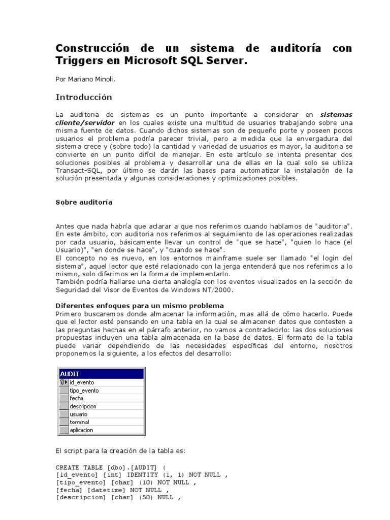 Construcción Sistema de Auditoria Con Triggers en SQL Server | PDF | Servidor SQL de Microsoft ...
