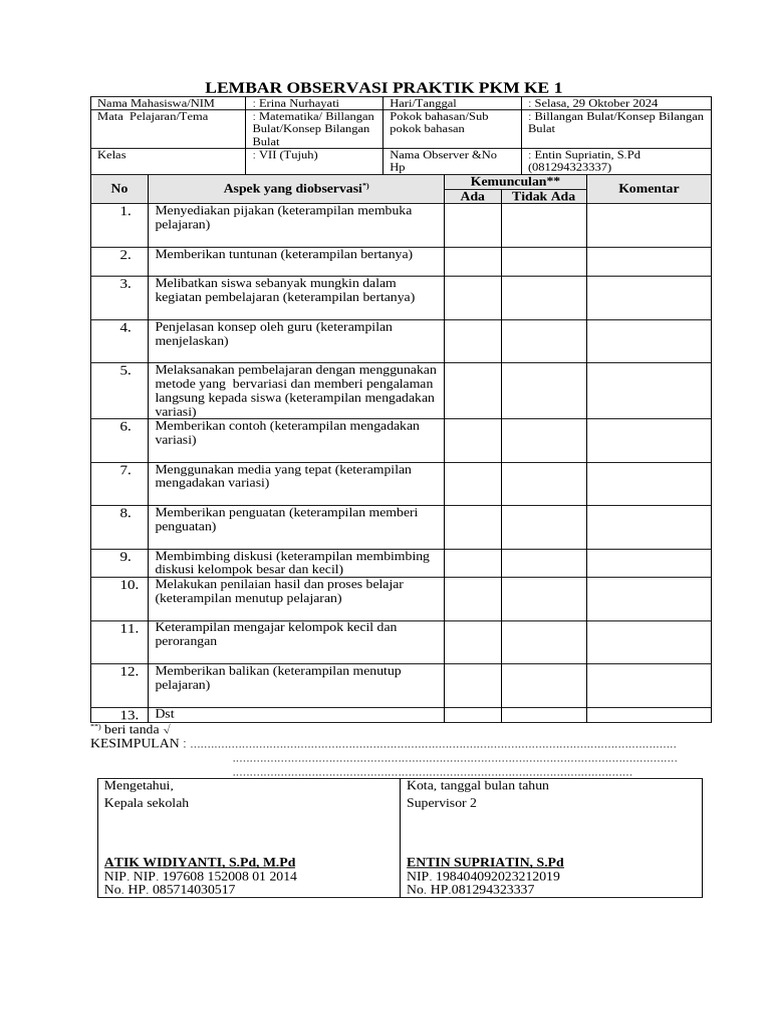 Lembar Observasi Praktik | PDF