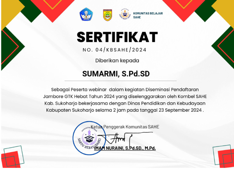 Sertifikat Webinar Jambore GTK Hebat 2024 - SUMARMI, S.PD - SD | PDF