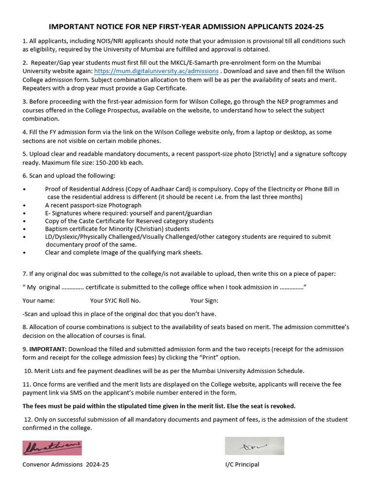 FY UG Admission 2024-25 Notice No 2 | PDF