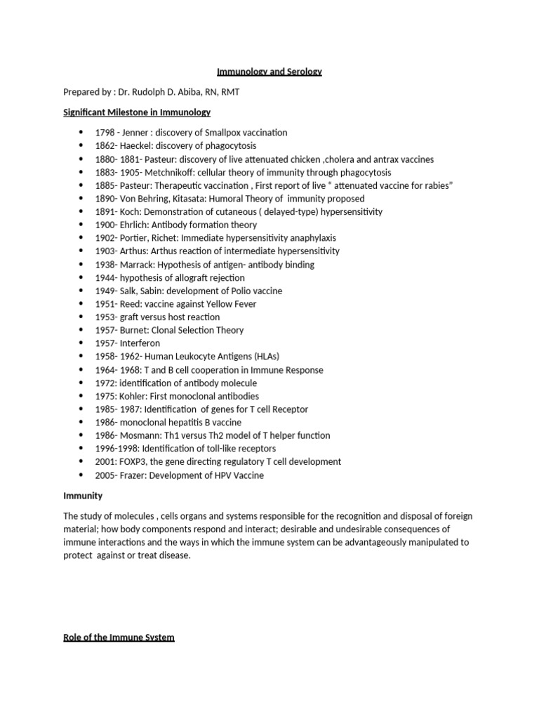 Key Milestones in Immunology History | PDF | Immune System | Immunoassay