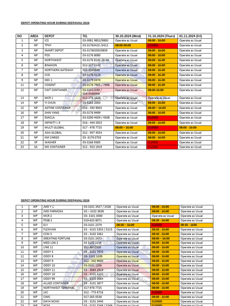 Depot Operating Hour During Deepavali 24 | PDF | Technology & Engineering