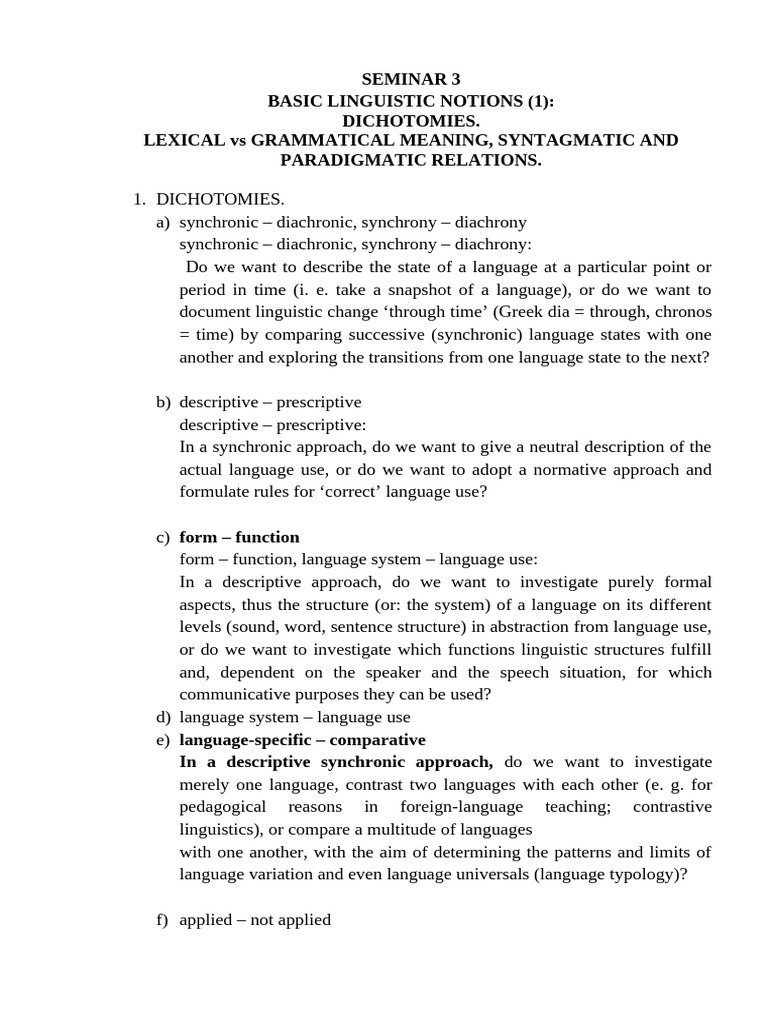 DICHOTOMIESLEXICALvs GRAMMATICALMEANING | PDF | Part Of Speech | Verb