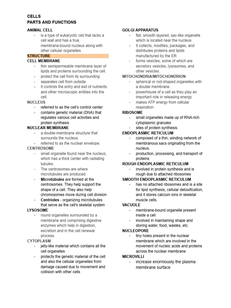 CELLS PARTS AND FUNCTIONS | PDF | Cell (Biology) | Endoplasmic Reticulum