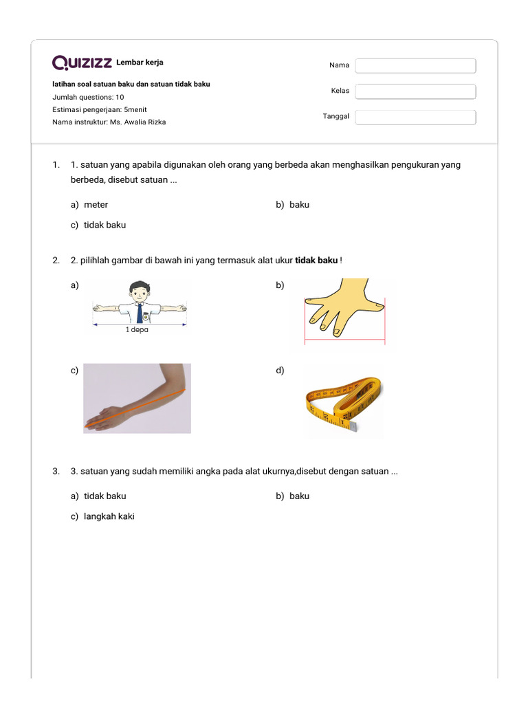 Soal Satuan Baku dan Tidak Baku Kelas 1-4 | PDF