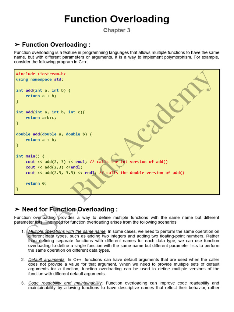 Xii Chapter 3 Function Overloading Pdf Parameter Computer Programming C 