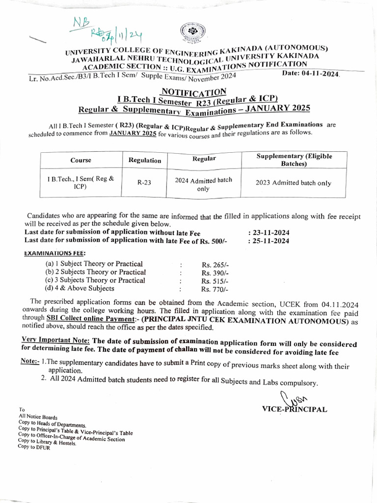 JNTU Kakinada B.Tech Exam Notification 2024 | PDF