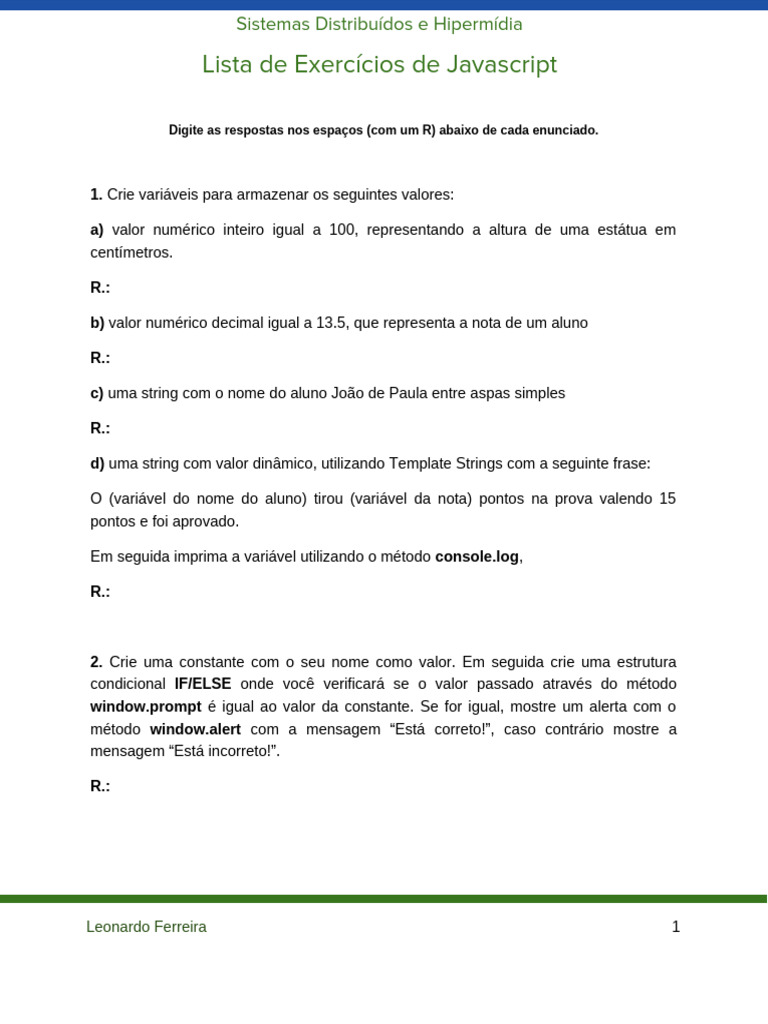 Lista de Exercícios de Javascript | PDF