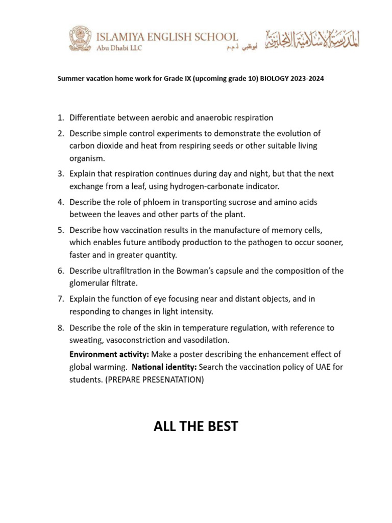 GR 9 SUMMER BREAK HOME WORK FOR BIOLOGY (Upcoming Grade 10) 2023-24 ...