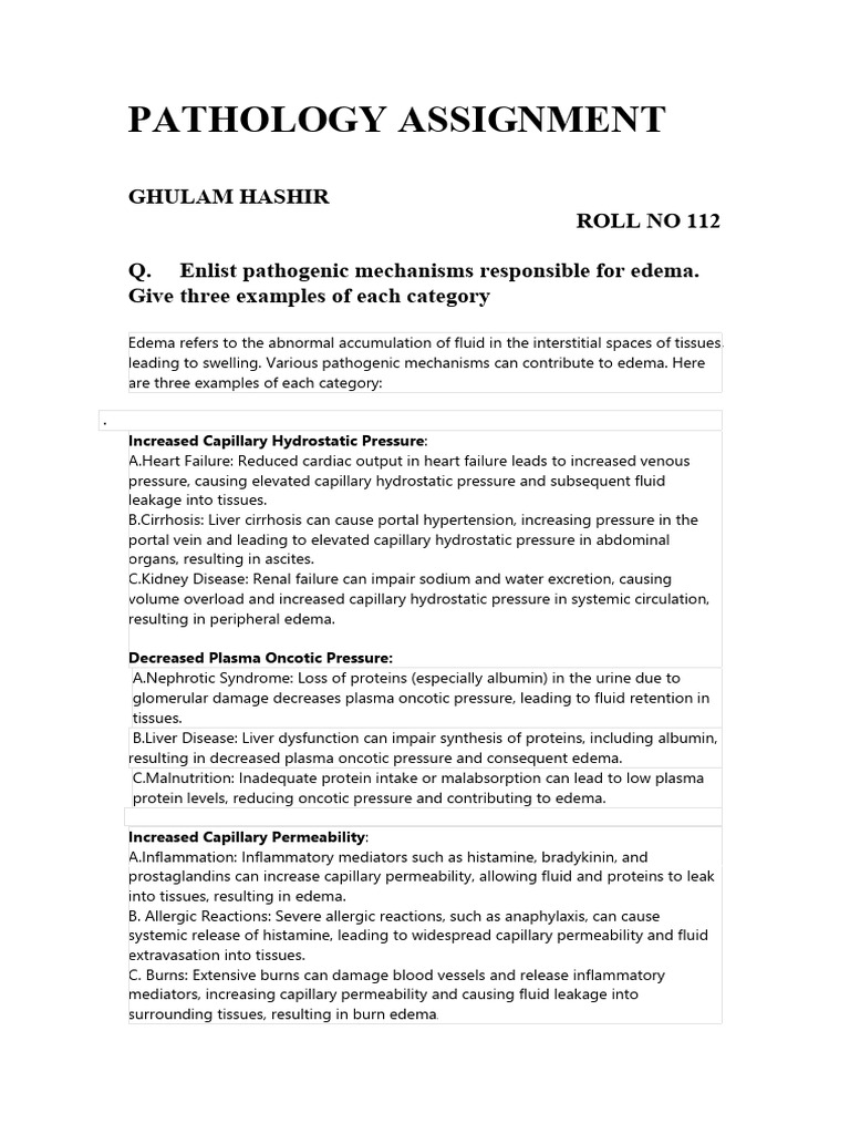 Pathology Assignment Edema | PDF | Edema | Thrombosis