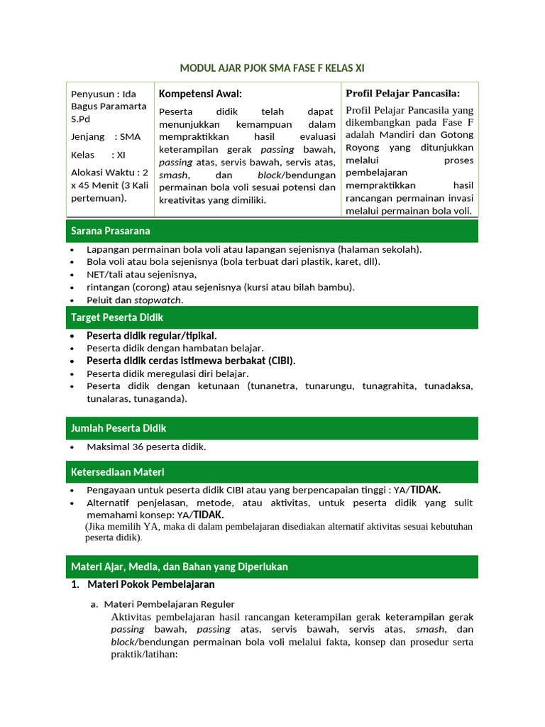 Modul Ajar Bola Voli Pjok Sma Fase F Kelas Xi | PDF