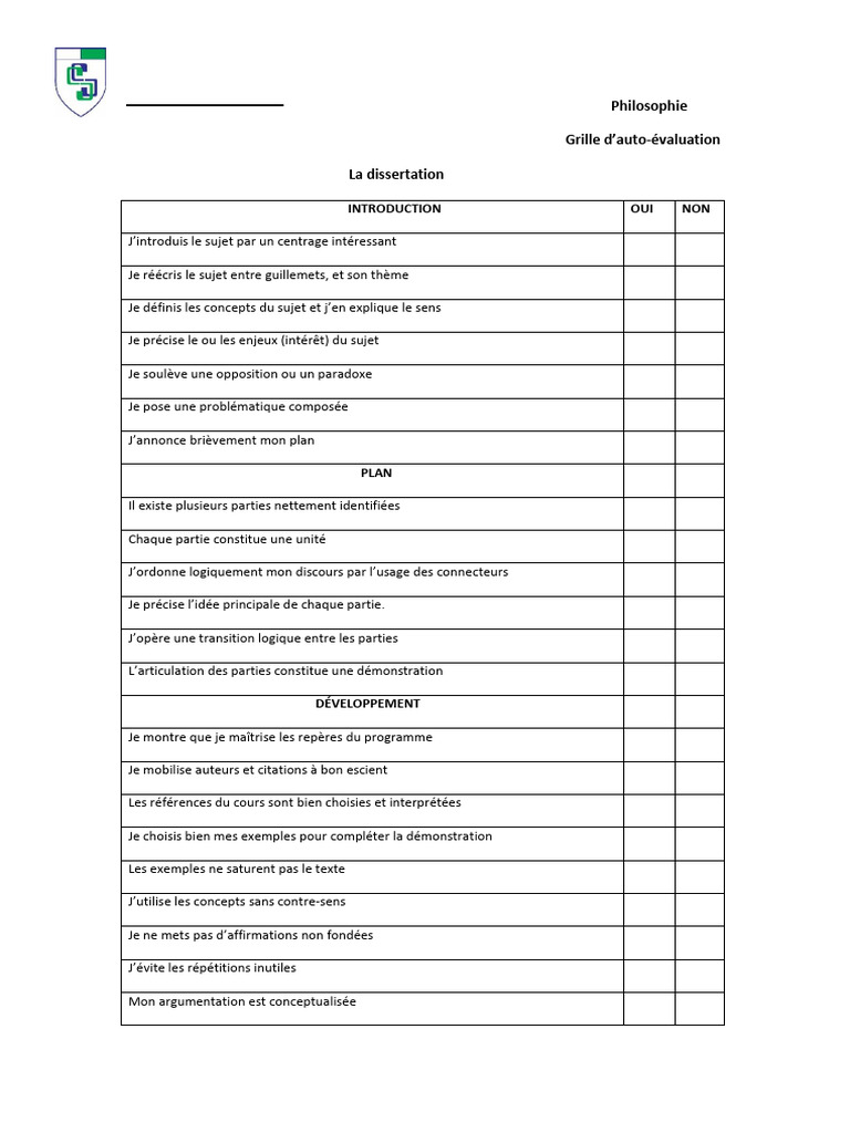 Grille d'auto-évaluation de dissertation | PDF
