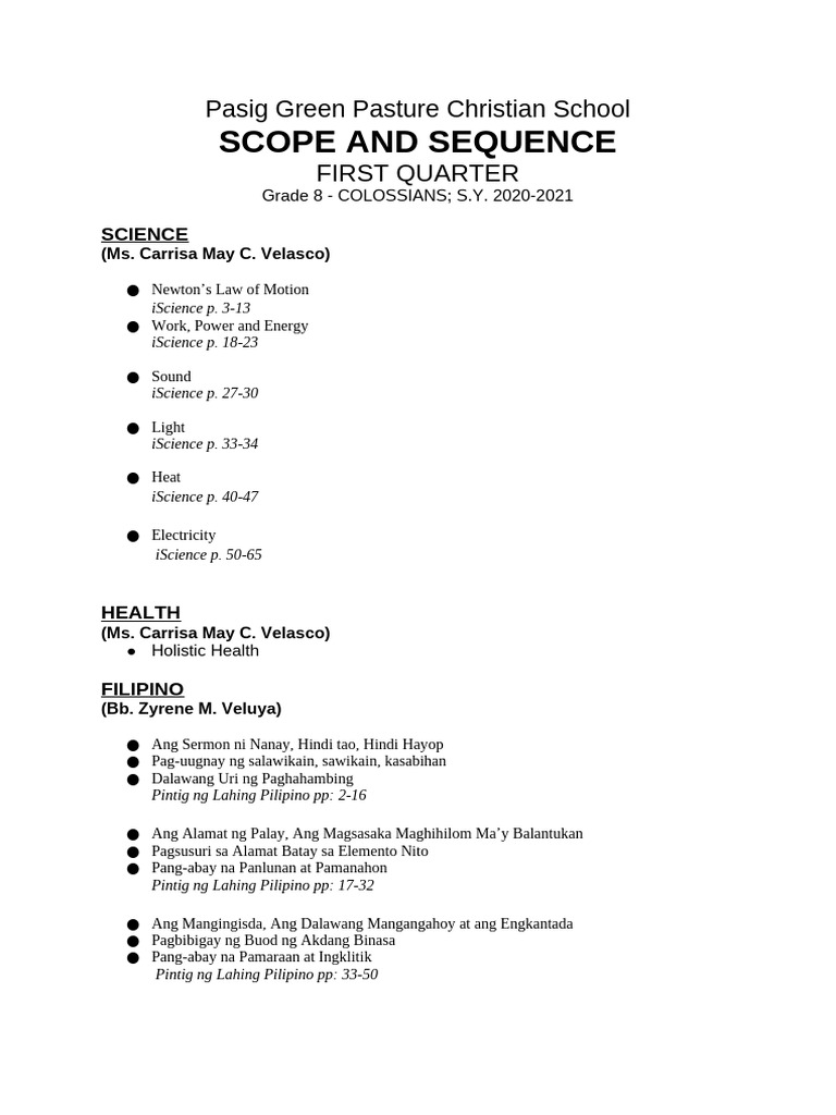 Grade 8 - Quarter 1 - Scope and Sequence | PDF | Equations | Factorization