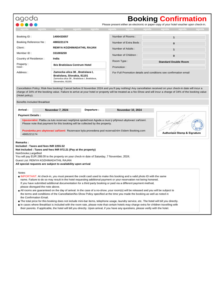 Ibis Bratislava Booking Confirmation | PDF | Payments