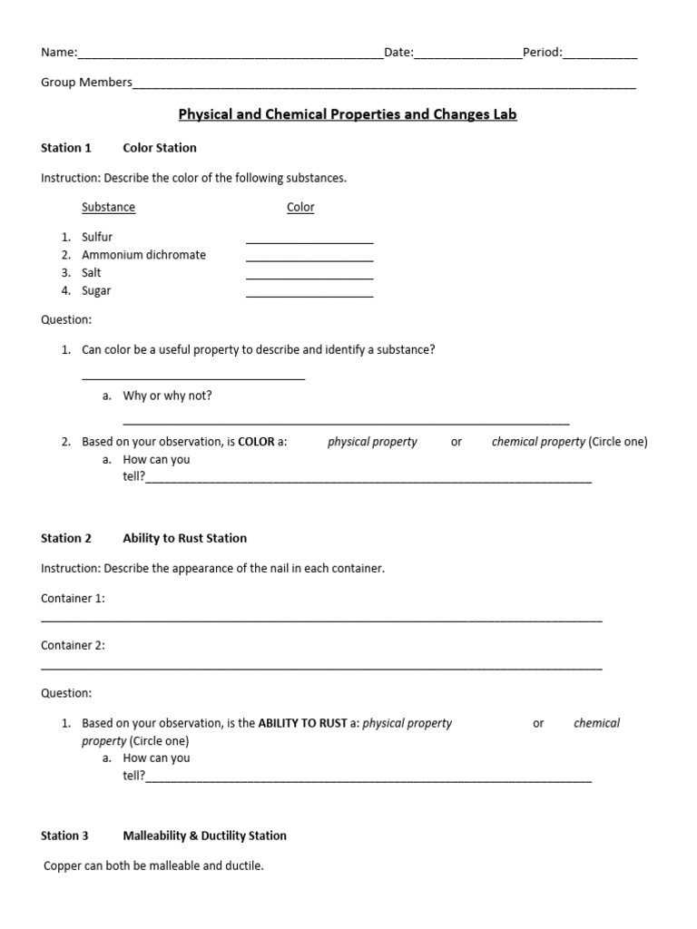 Properties and Changes Lab Activities | PDF | Chemical Substances ...