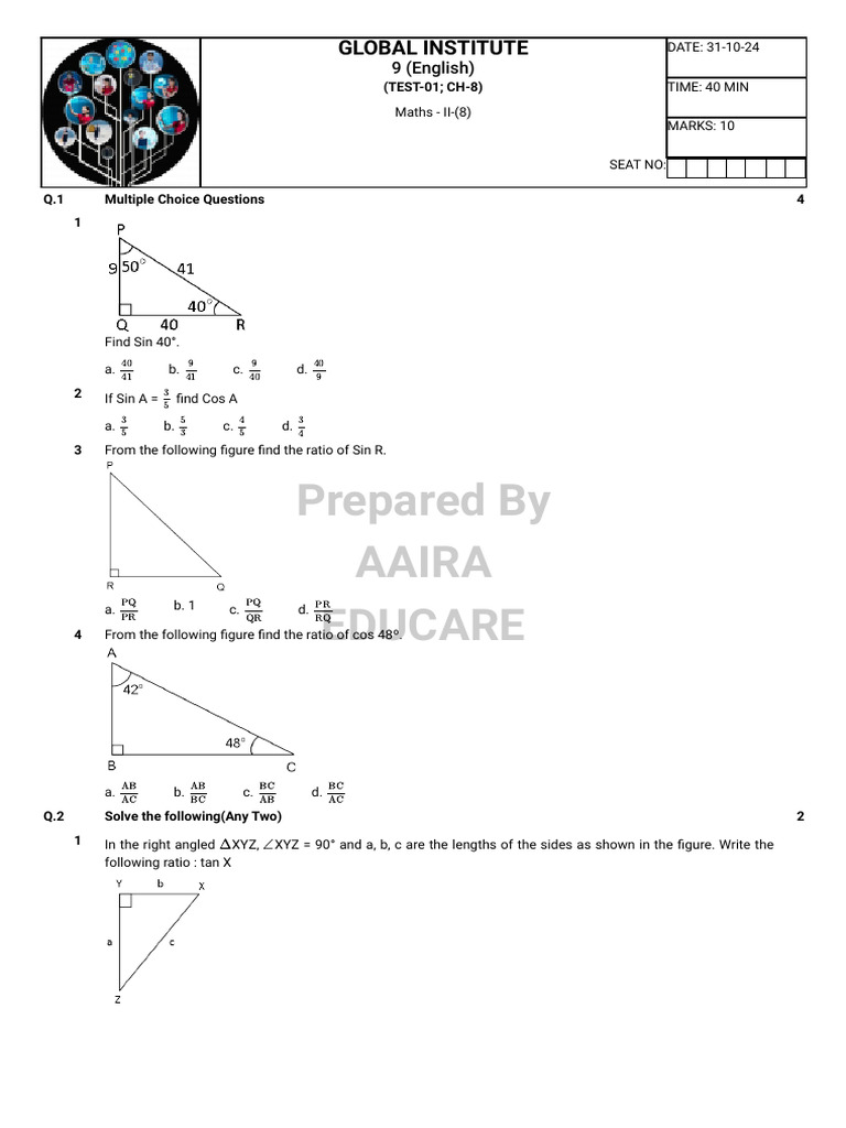 (QP - Test-01 CH-8) (Std. 9 Mathematics 'Ii') | PDF | Trigonometric ...