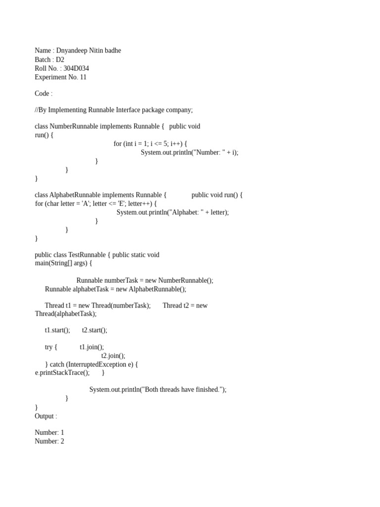 FJP Exp 11 Implementing Runnable Interface | PDF | Computers