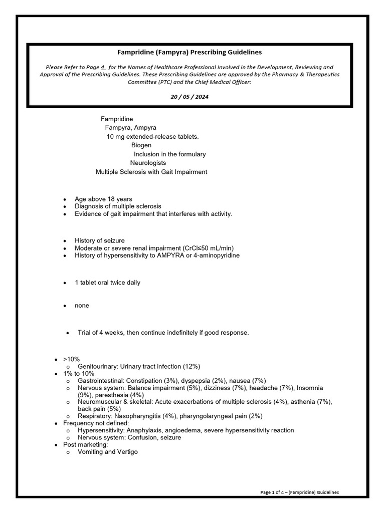 Fampridine Guidelines for MS Treatment | PDF | Dose (Biochemistry ...