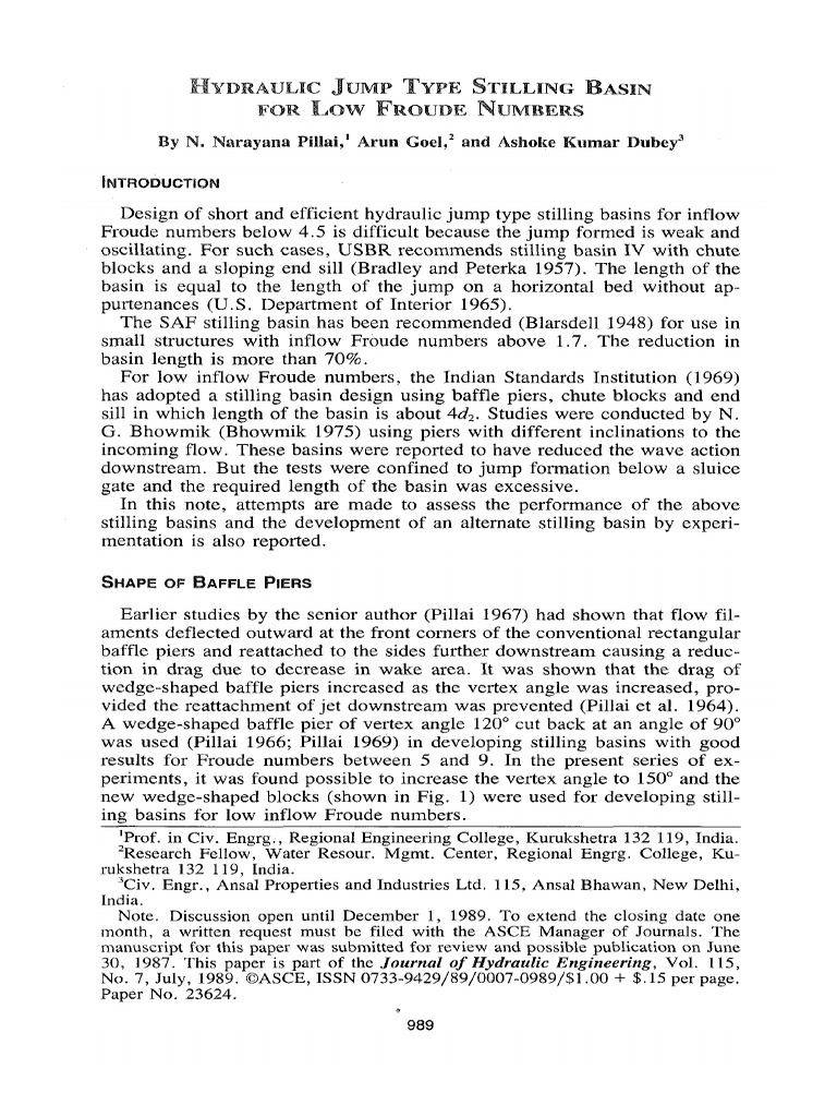 Pillai Et Al - 1989 - Hydraulic Jump Type Stilling Basin For Low Froude ...