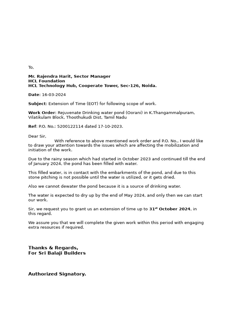 EOT Request for Pond Work in Tamil Nadu | PDF | Home & Garden | Science ...