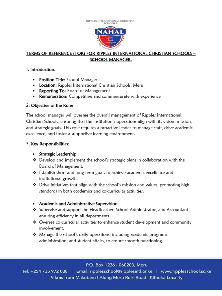 School Manager TOR for Ripples Schools | PDF | Policy | Regulatory ...
