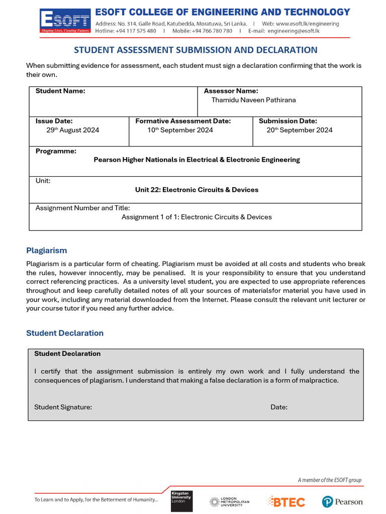 Unit 22 Electronic Circuit Devices Assignment | PDF | Electronic ...