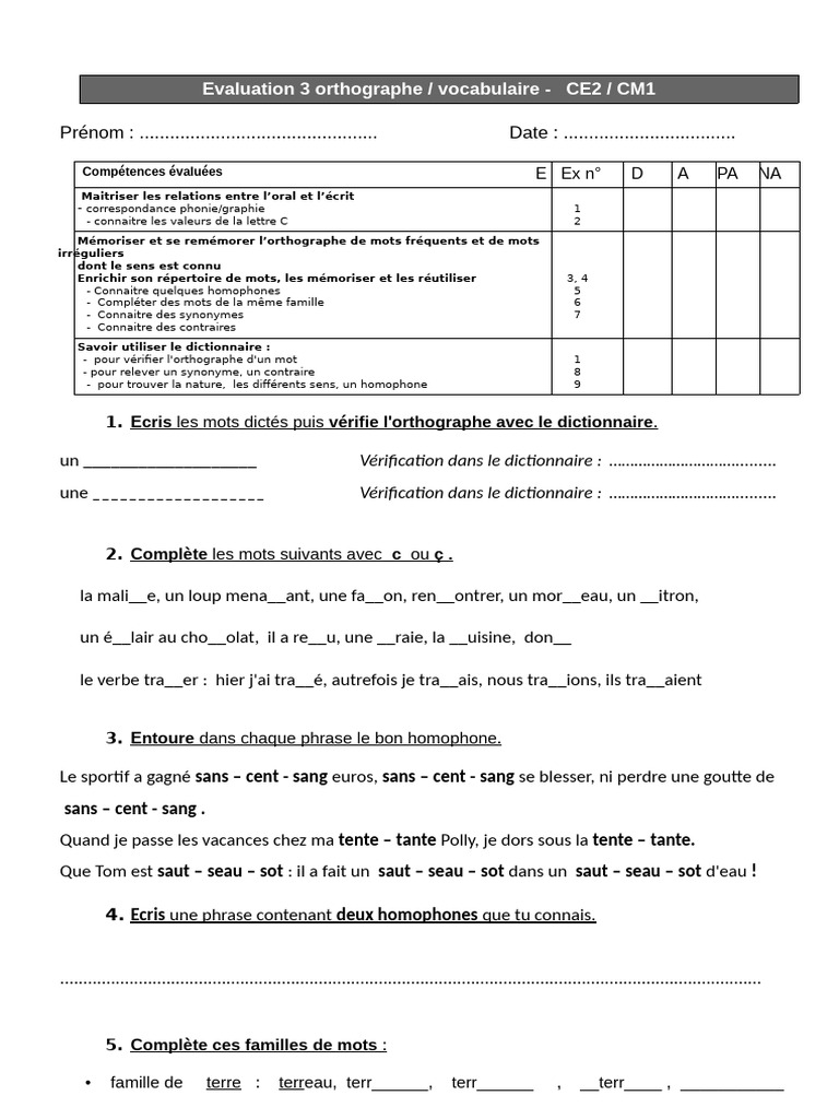 Eval 3 Orth Voca Ce2 Cm1 Pdf Orthographie Linguistique